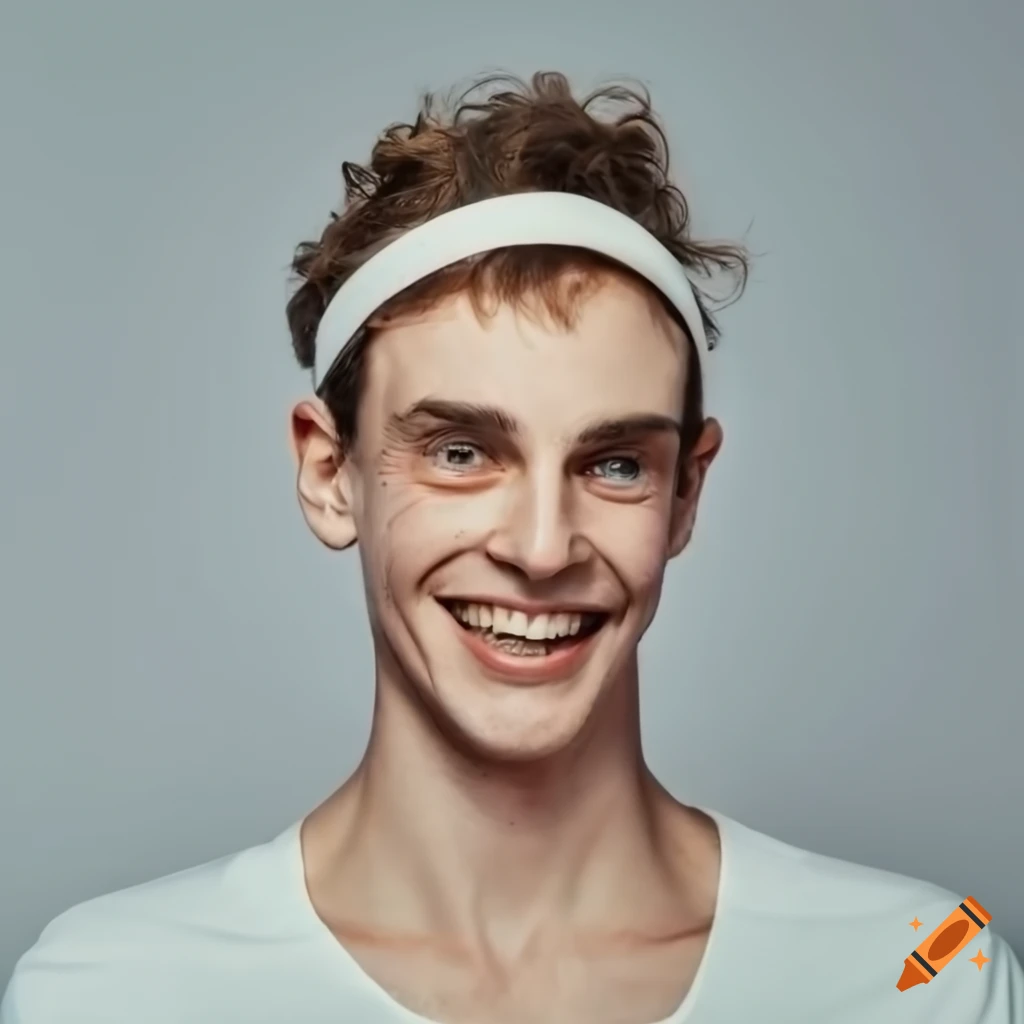 Skinny man wearing roland garros tennis headband; smiling and teeth ...