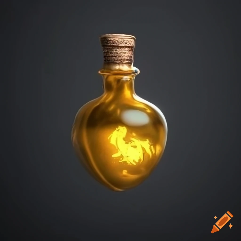 Dark alchemy: golden potion floating in air on black background