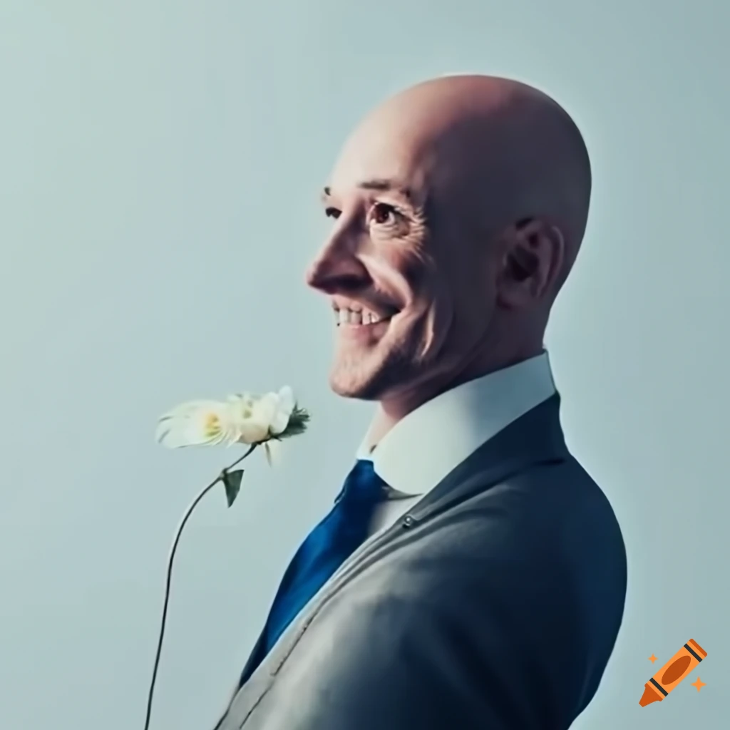 Bald, smile, teeth, gray suit with white flower, dark blue tie with ...