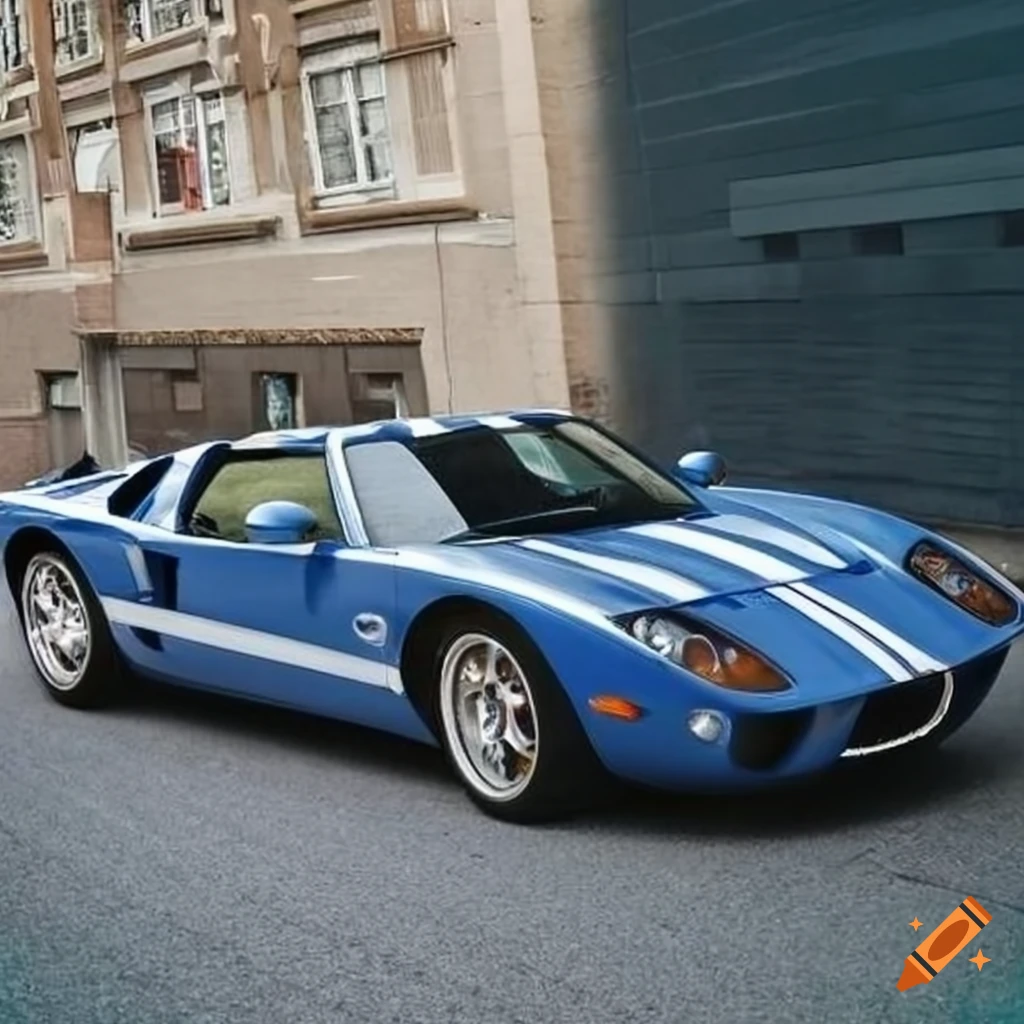 2004 ford gt, in blue color and white stripes, g1 mirage style on Craiyon