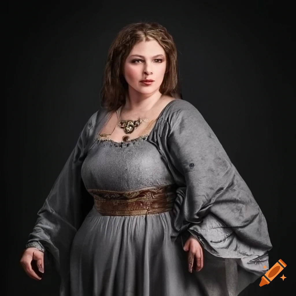 Medieval lady, chubby, grey dress, detailed dress on Craiyon