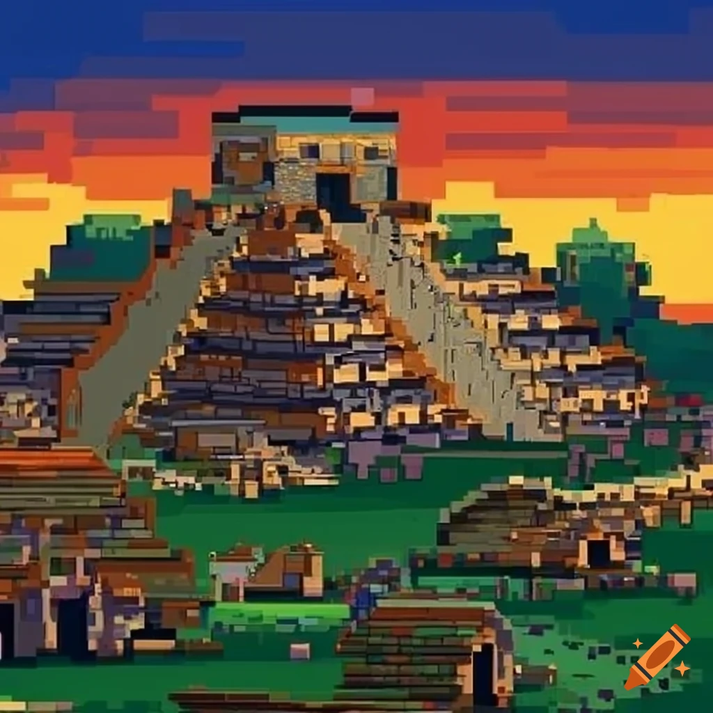 Landscape of an aztec settlement small houses pixel art style quality ...