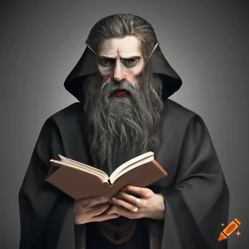 Bearded wizard with pointed ears in black robes holding a book
