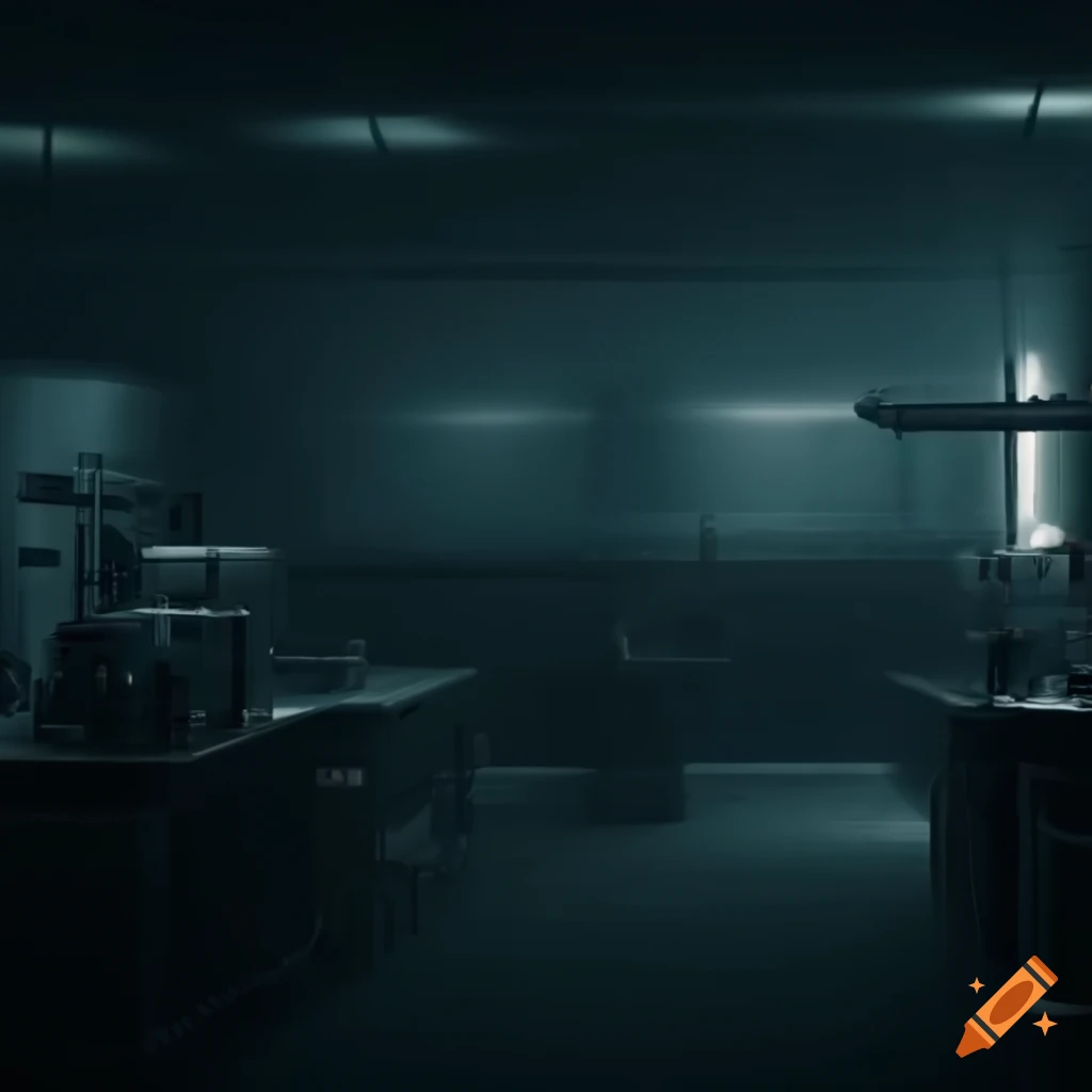 Laboratory room consisting from white plates, dark, cinematic