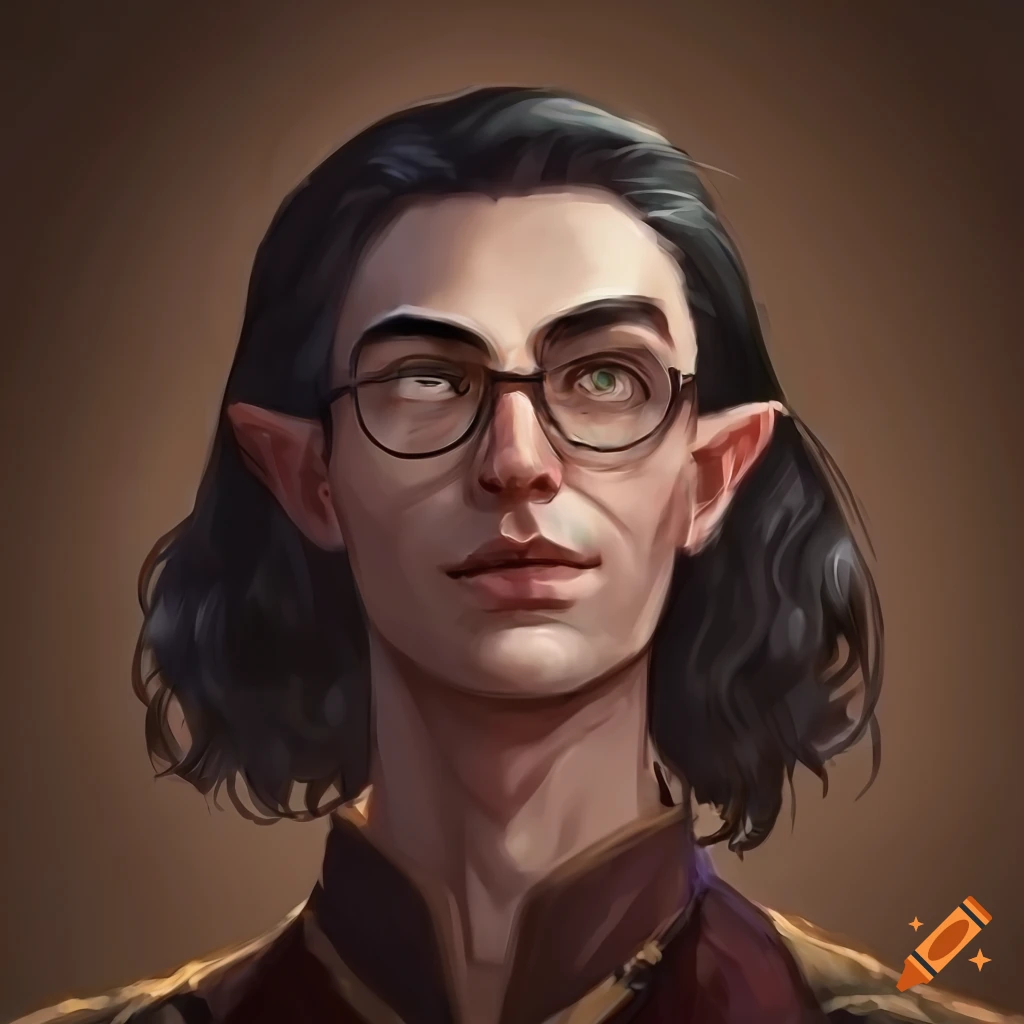 Dnd male merchant, long face, glasses, young, black hair, bun haircut ...