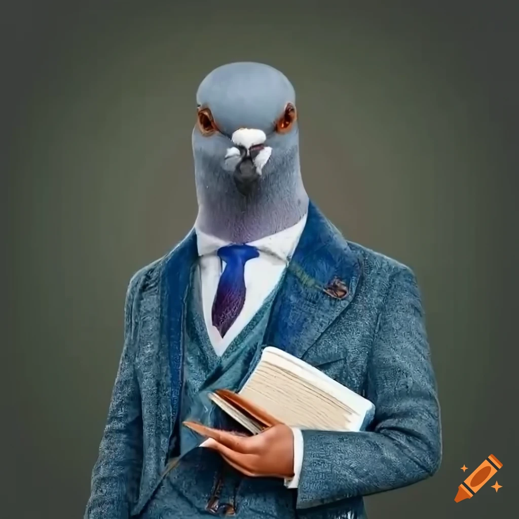 Anthropomorphic pigeon in a tweed suit jacket and jeans holding a book ...