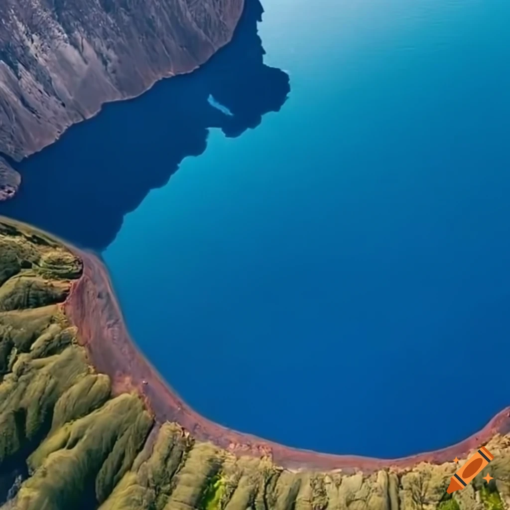 An aerial shot of a volcano and its blue crater lake