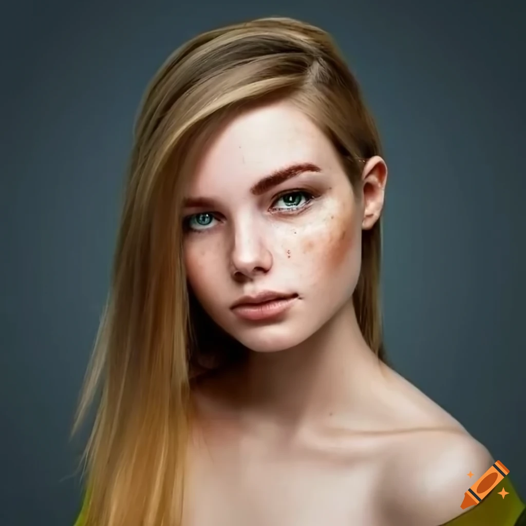 Beautiful young woman shoulder-length hair very light freckles