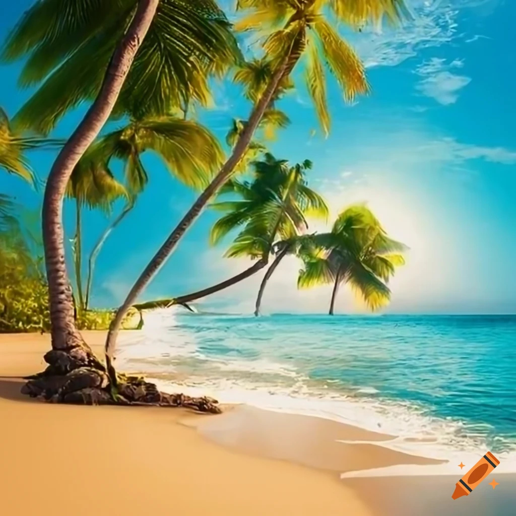 Artwork of a tropical beach with palm trees, sand and ocean on Craiyon