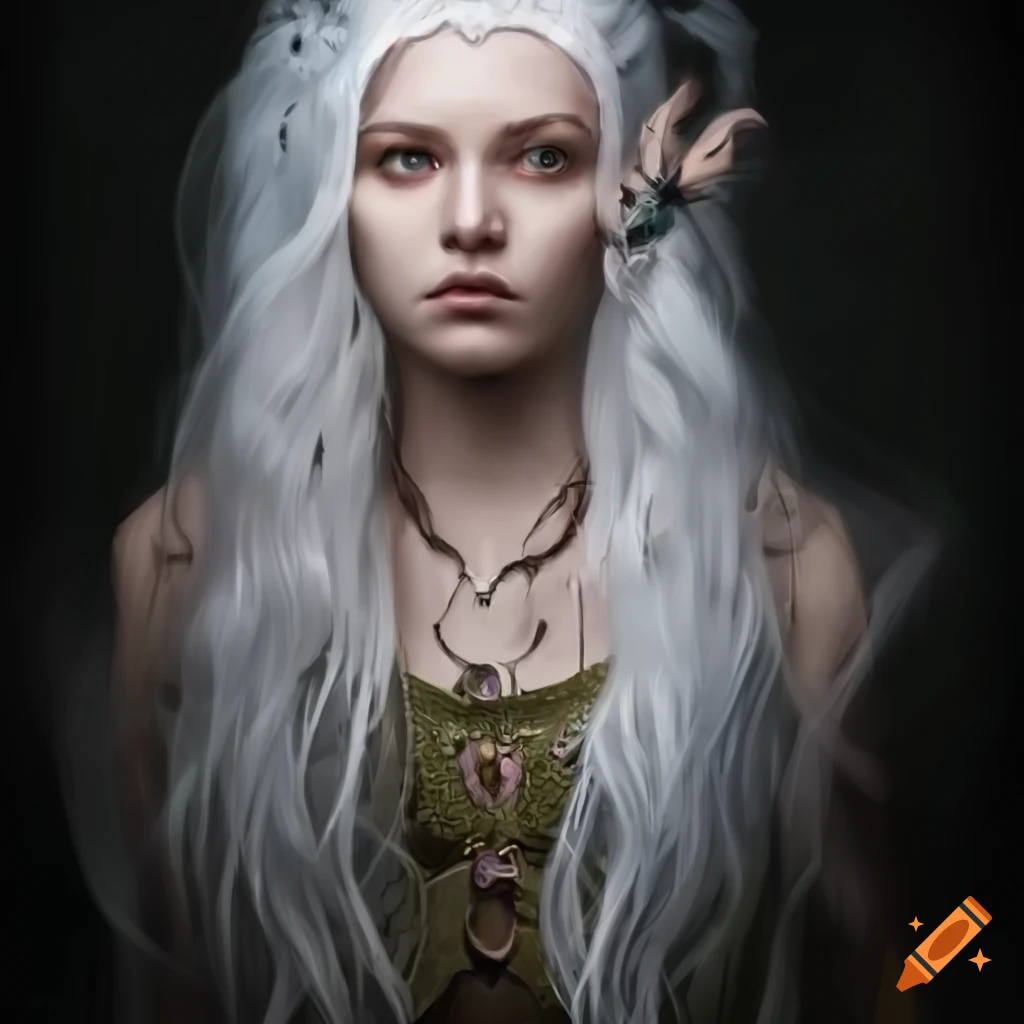 A white-haired elven druid on Craiyon