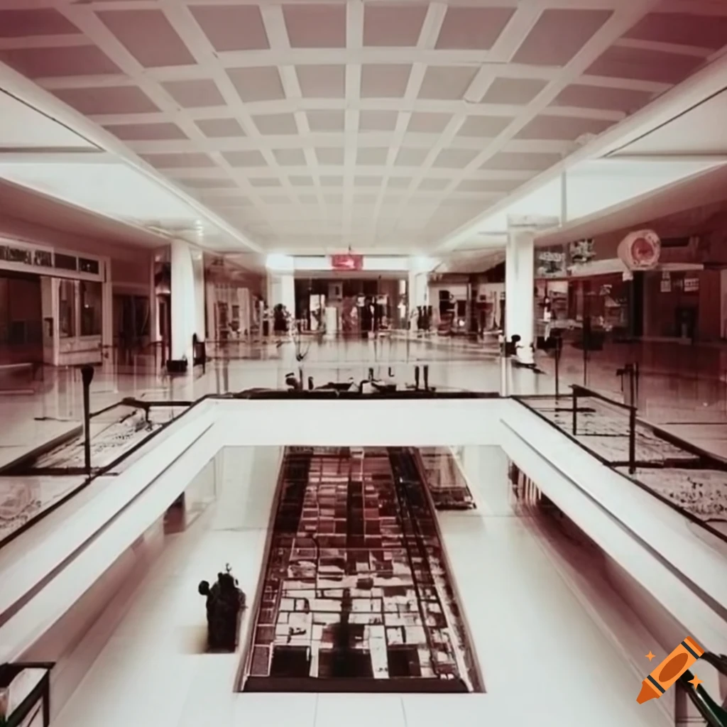 1980's mall, inside, white tiles, indoor plants, aesthetic, hall on Craiyon