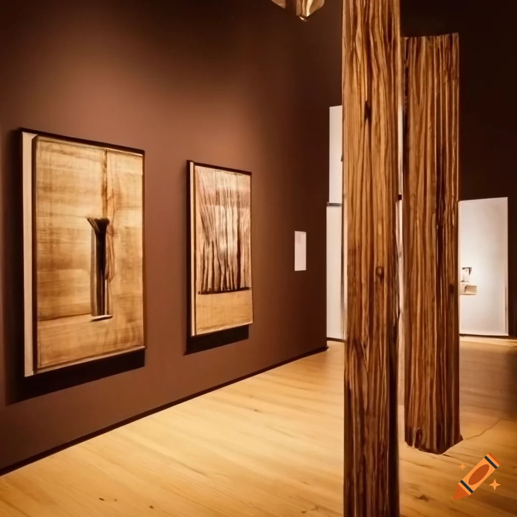 Exposição de móveis feitos de madeira em uma galeria de arte on Craiyon