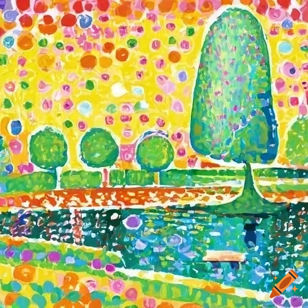 Park with flowers and trees in the style of seurat