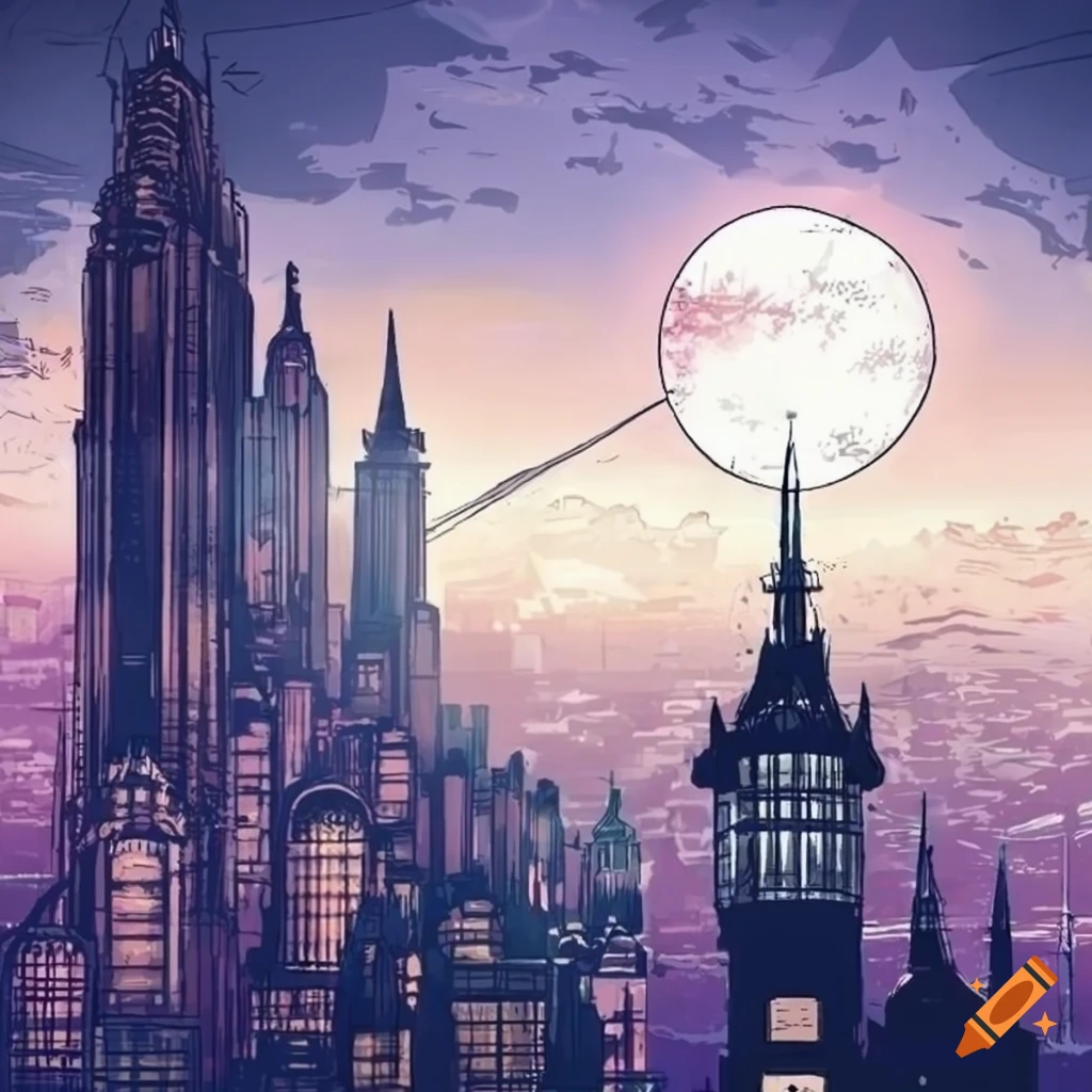 Victorian-inspired futuristic cityscape in manga style