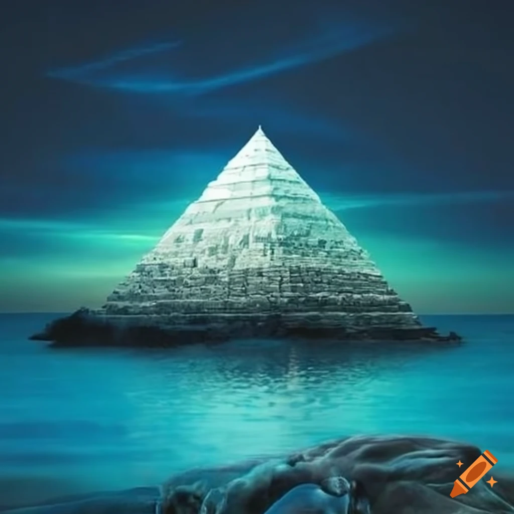 Artwork of a pyramid surrounded by the ocean