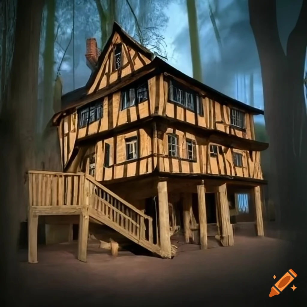 Timber neo-tudor treehouse pub in forest