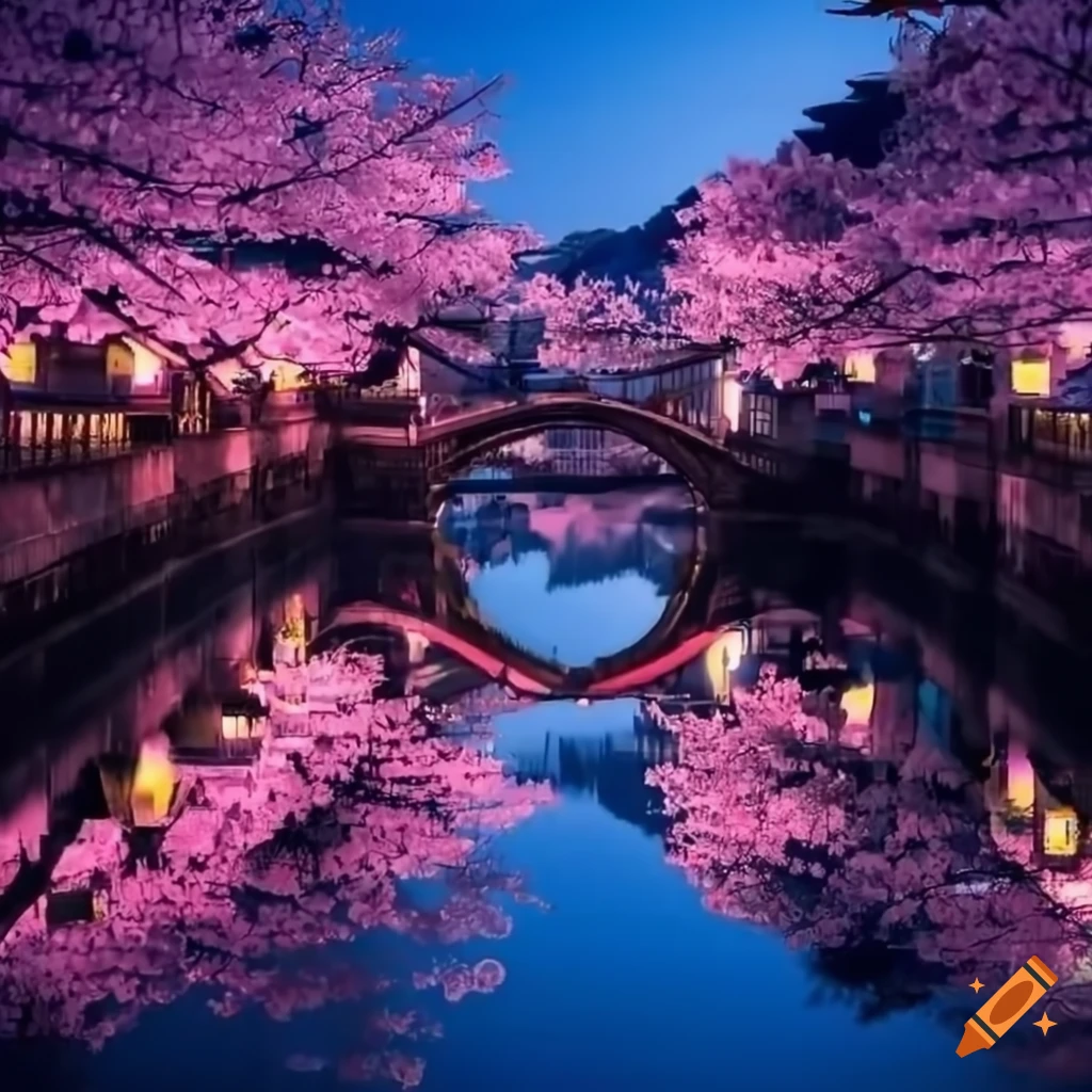 Japanese street night scenery with cherry blossoms, lanterns, and ...