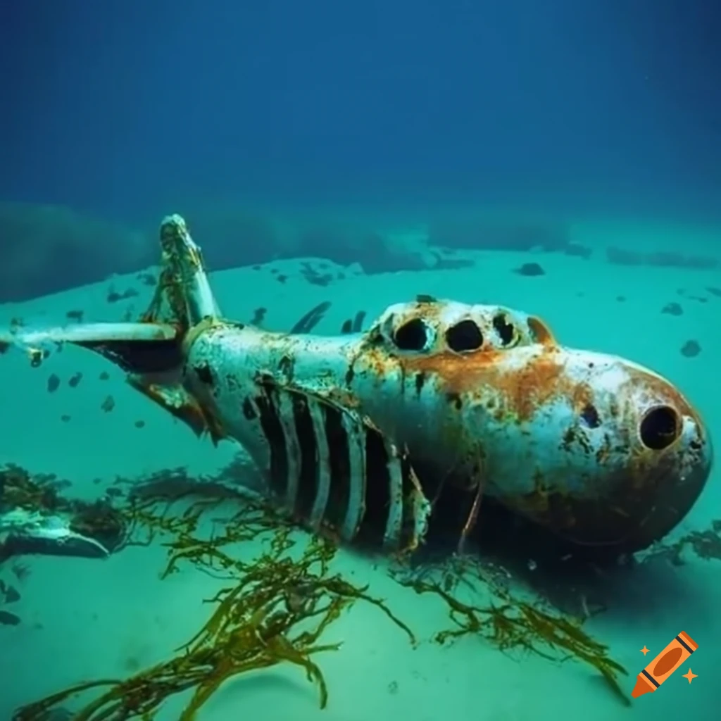 A wrecked and rusty plane on the bottom of the ocean. Fish and seaweed ...
