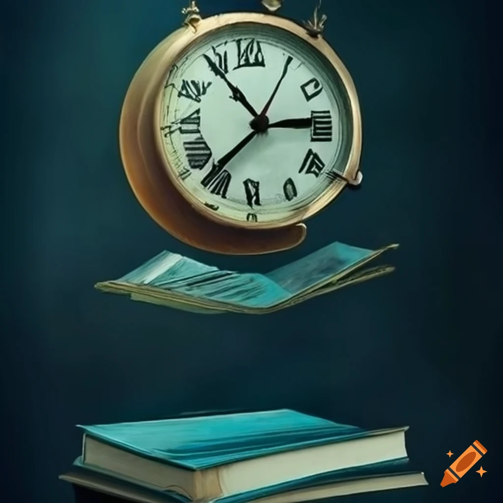 Surreal artwork with floating clock and books