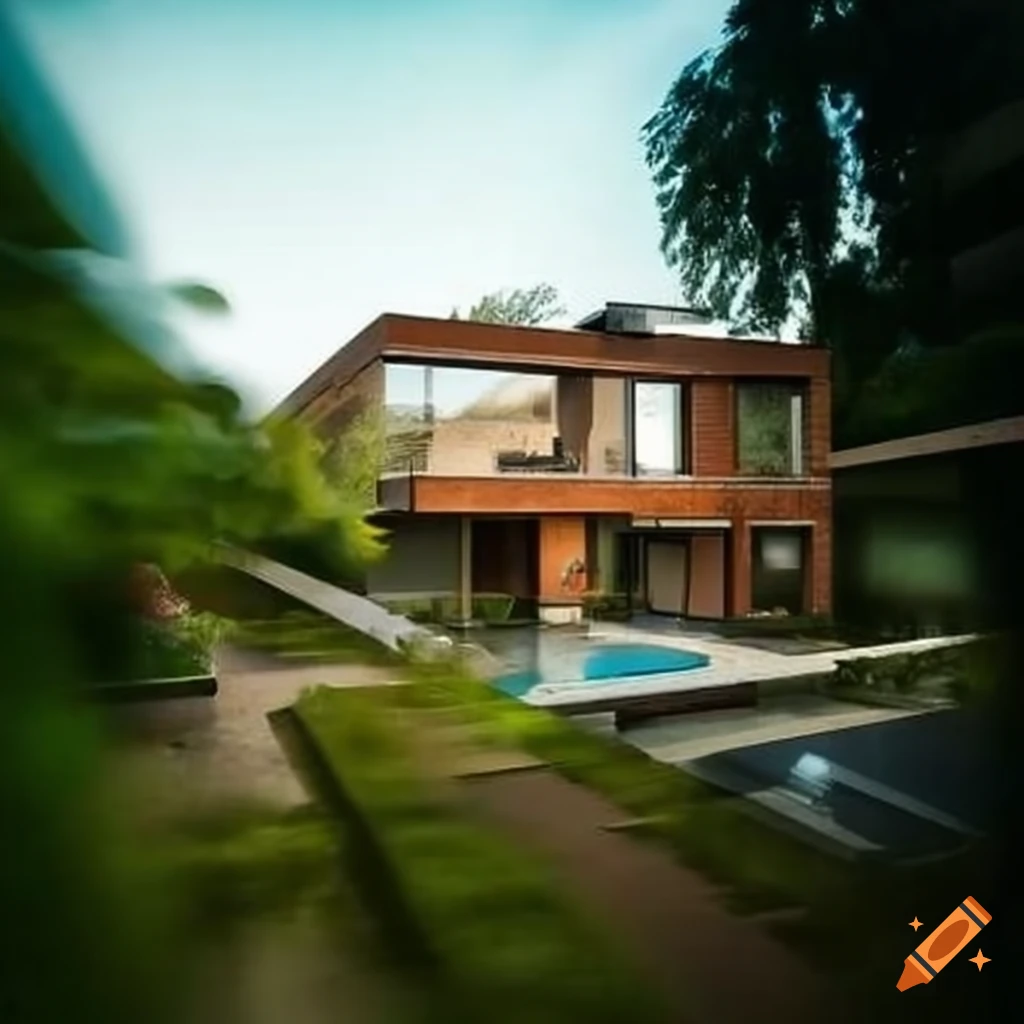 Modern flat iranian villa with brick and glass in garden