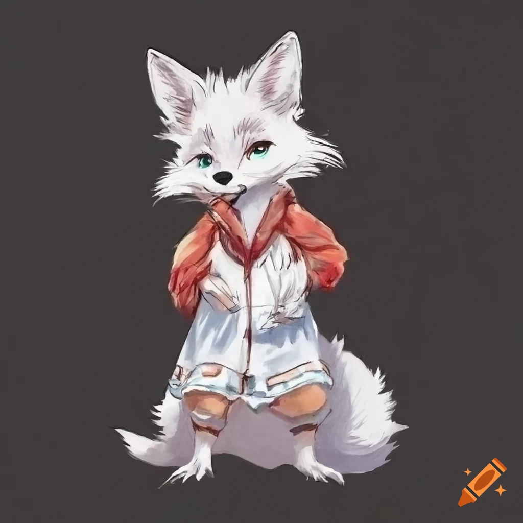 A anthropomorphic white fox wearing clothes with sketch lines ...