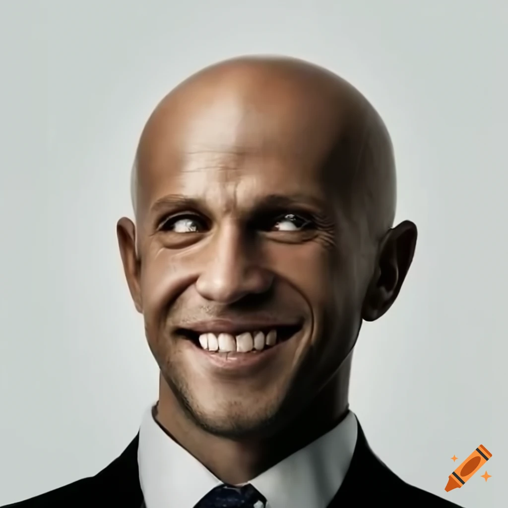 Bald, smile, teeth, gray suit with white flower, dark blue tie with ...