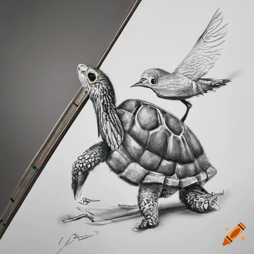 A turtle and bird walking along a beautiful path