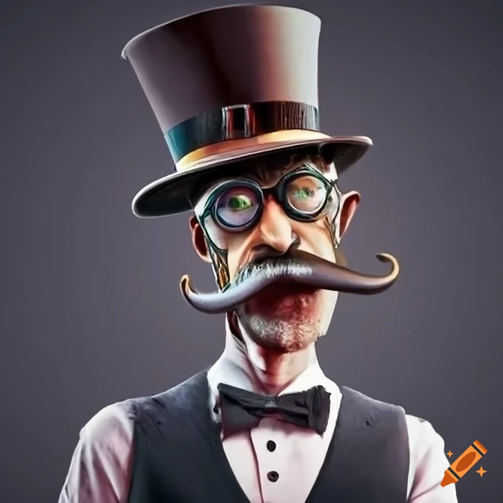 Dapper man with top hat and villainous mustache looking forward devious ...
