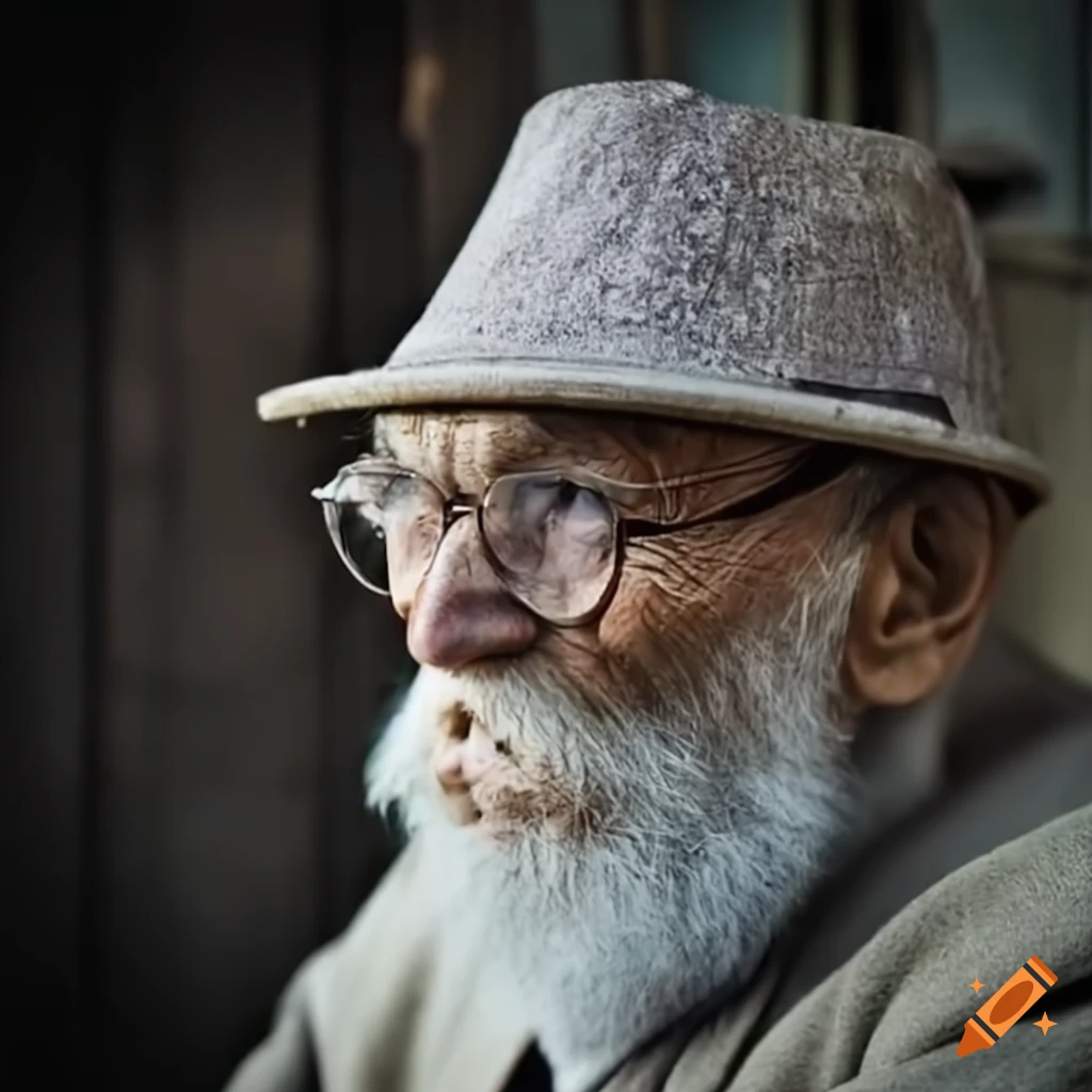 An elderly man with a deep gaze and a hat on his head