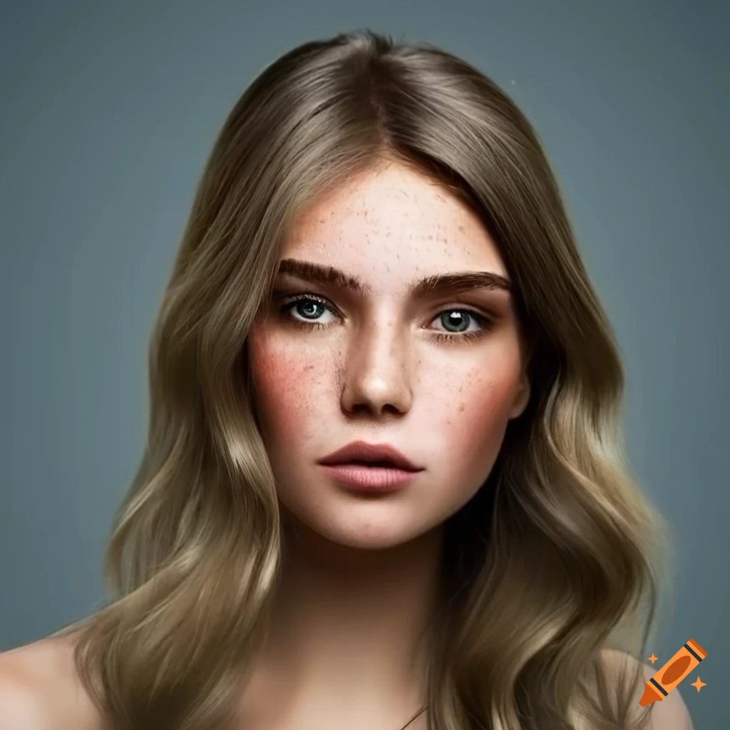 Beautiful young woman shoulder-length dark blonde hair very light freckles