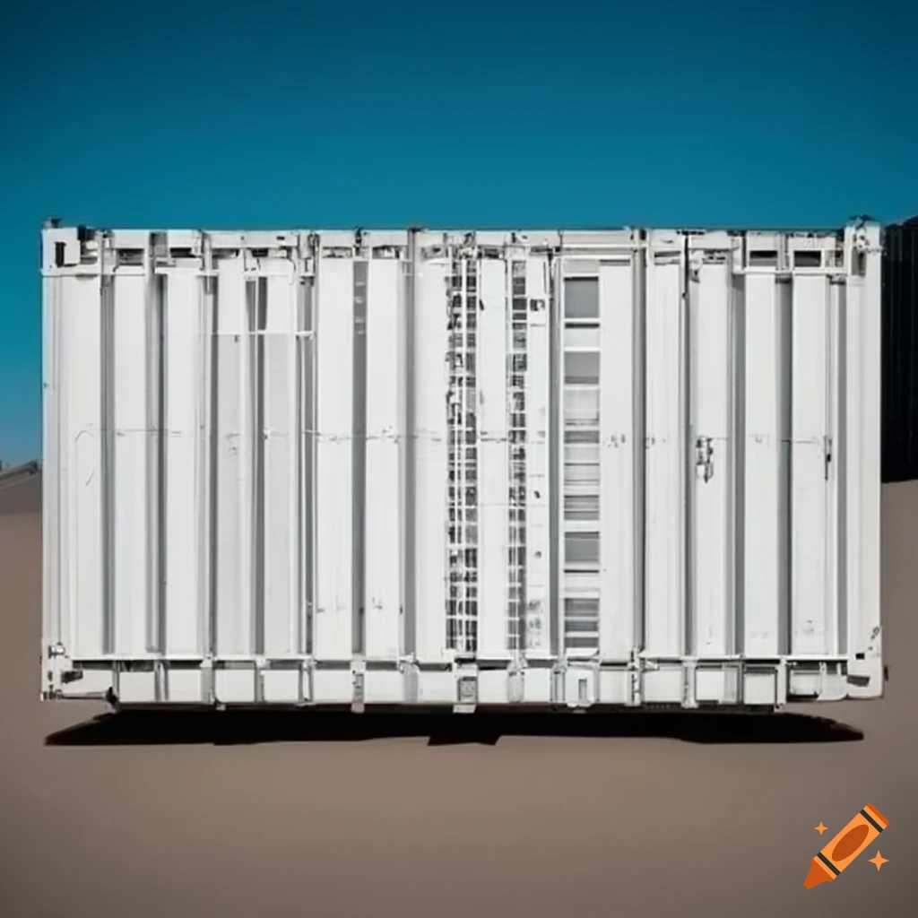 Big white shipping container with solar panels on top, from the side on ...