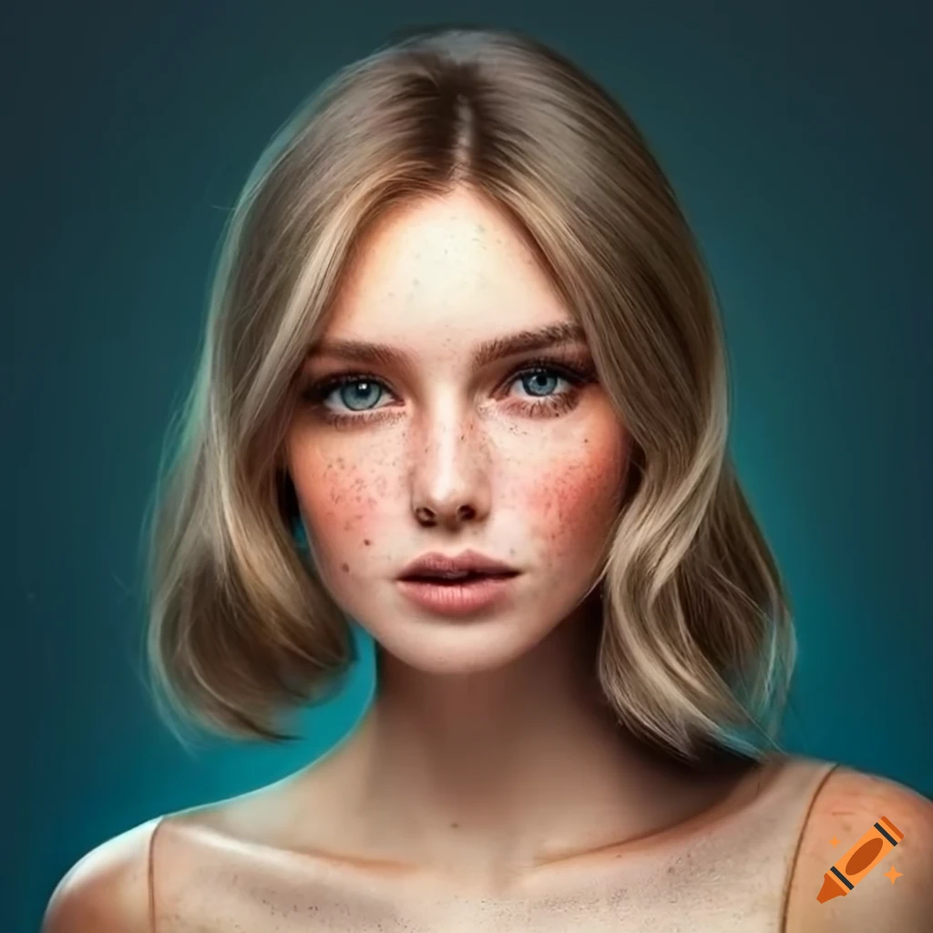 Beautiful young woman shoulder-length dark blonde hair very light freckles