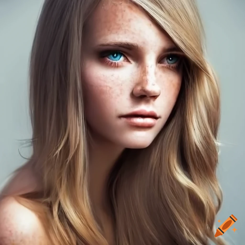 Beautiful young woman shoulder-length dark blonde hair very light freckles on Craiyon