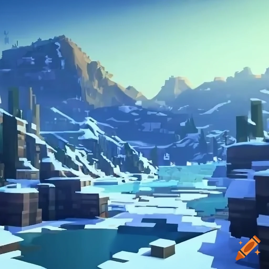 Minecraft snowy valley, digital art, vibrant , hd
