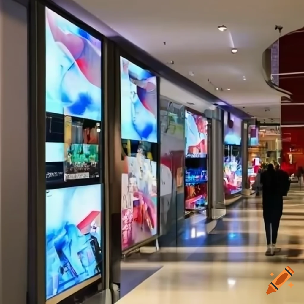 A 85inch large size lcd digital signage stands in different real scenes ...