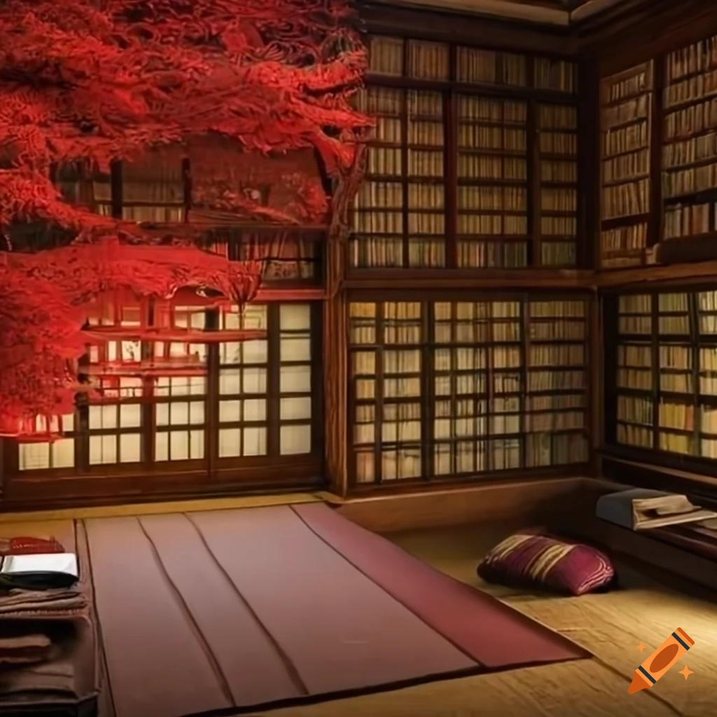 Cluttered old shelved library in an ancient japanese tatami room with ...
