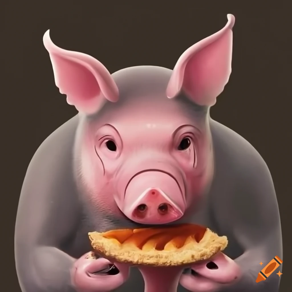 A pink pig eating pie