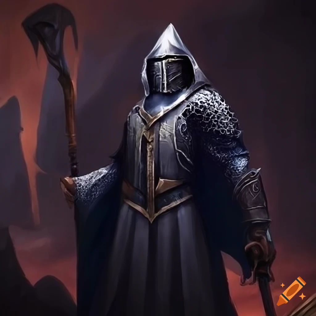 “staff wielding mage wearing dark blue robes and a knights helmet while ...