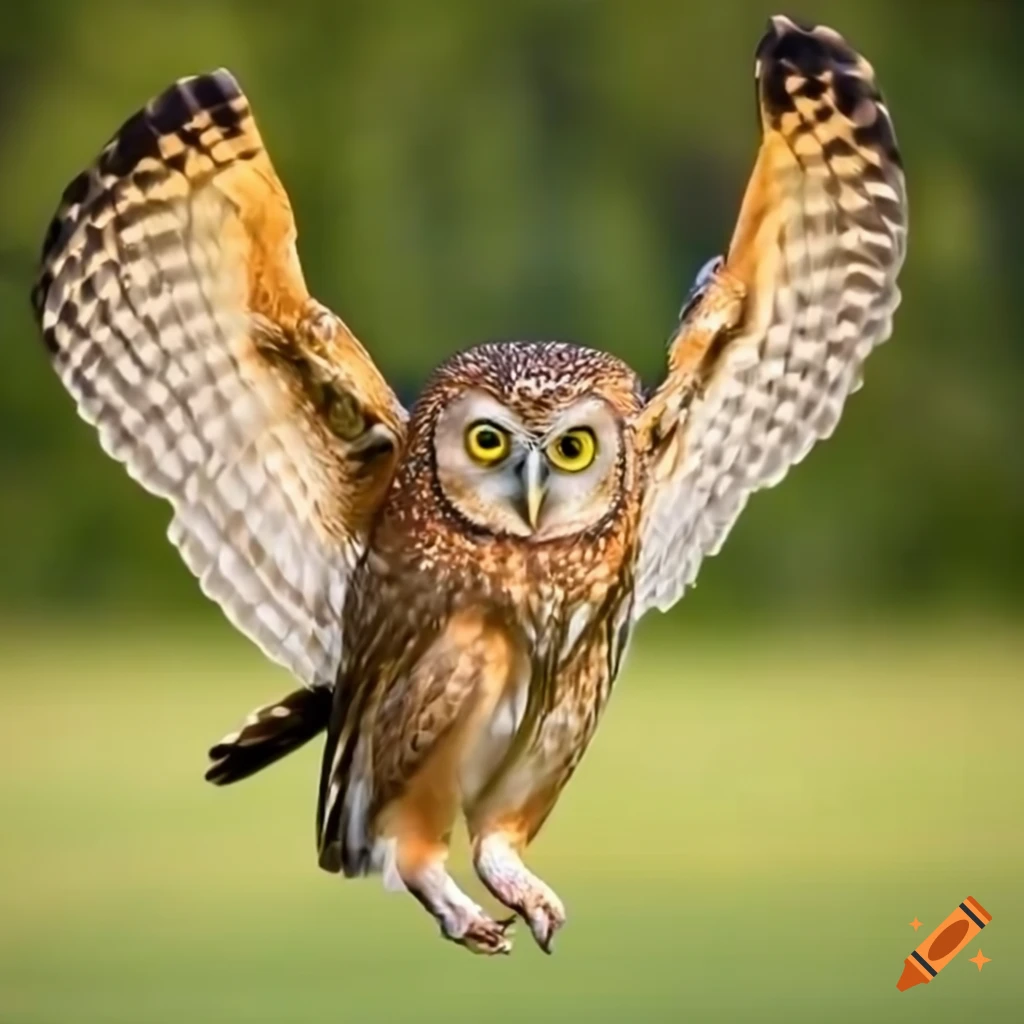 A golden owl with his wings spread facing towards the viewer for a ...