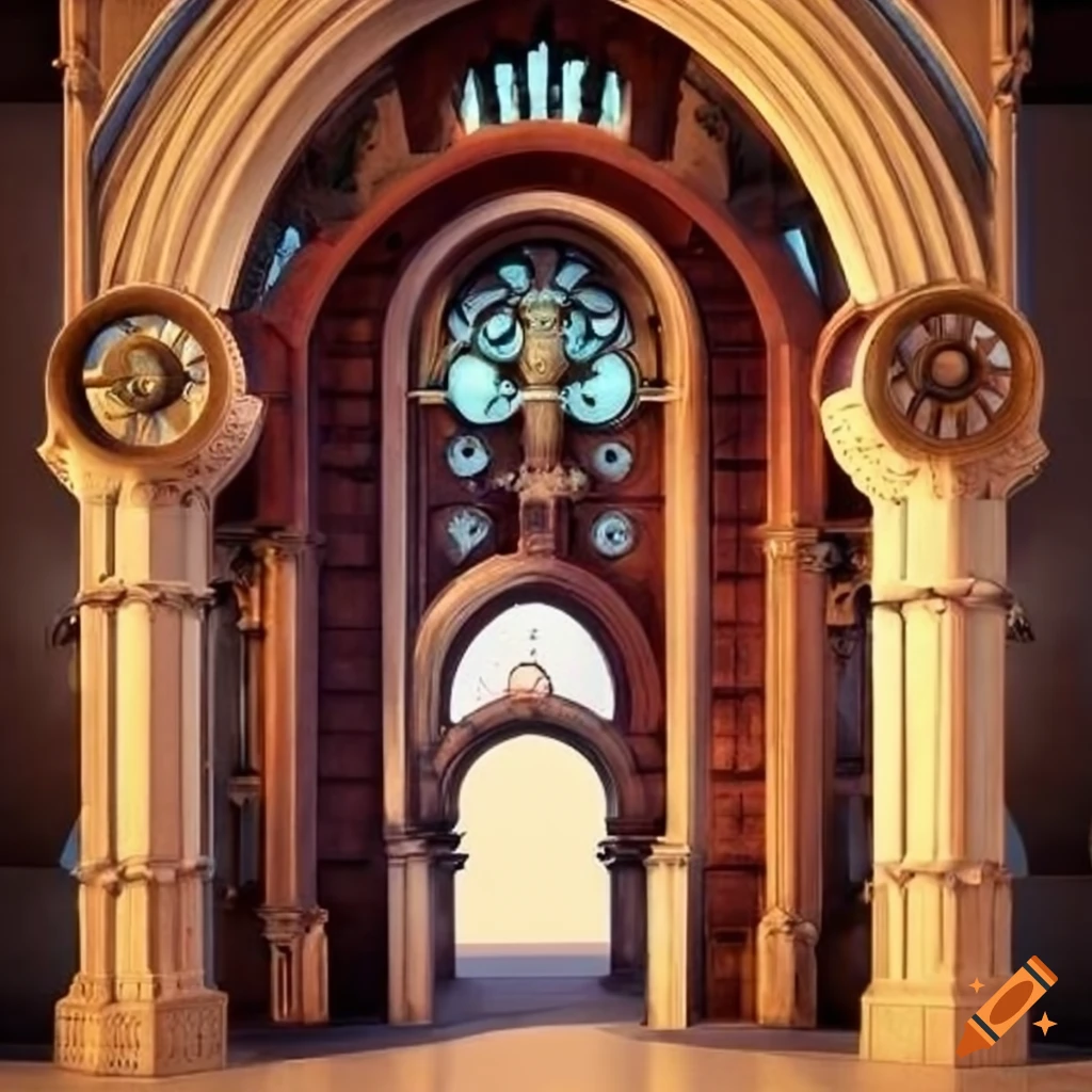 Spanish colonial art deco steampunk with moorish arches