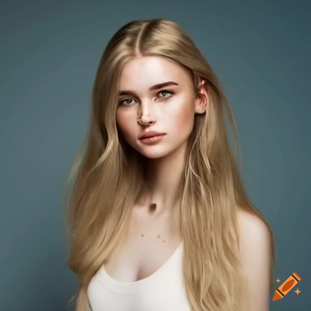 Beautiful Young Woman Shoulder Length Blonde Hair Very Light Freckles
