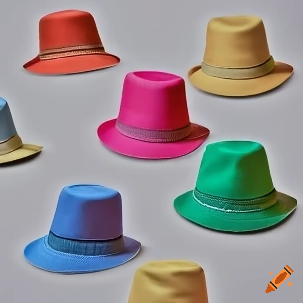 Five colored hats on plain white background