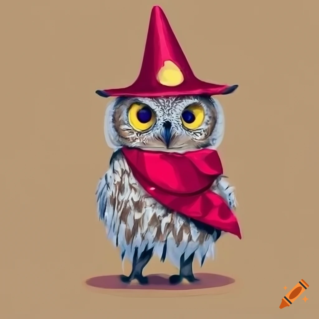 A young owl wearing a wizard hat and red scarf on Craiyon