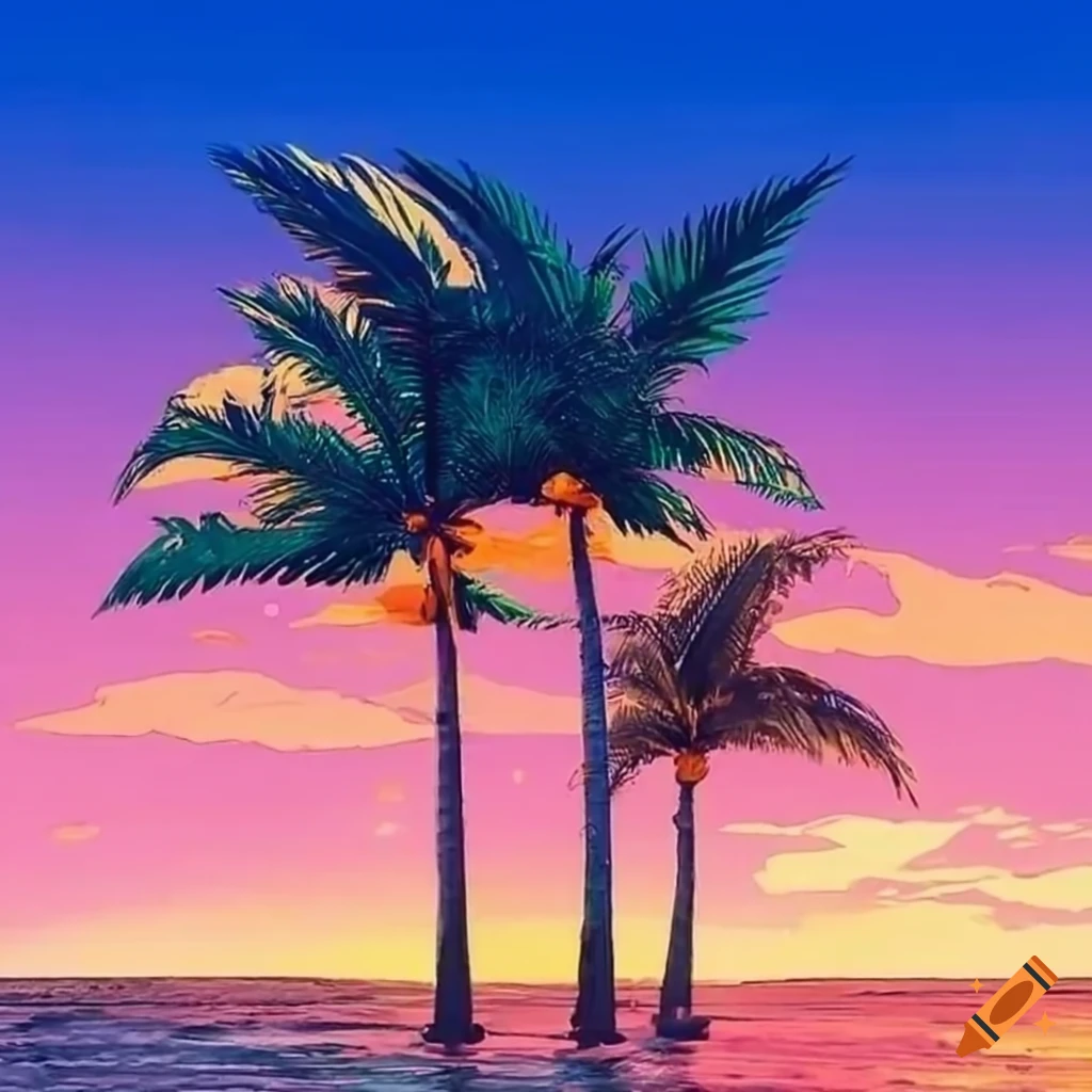 A beautiful tall palm tree as a bright sun rises behind it 70's style ...