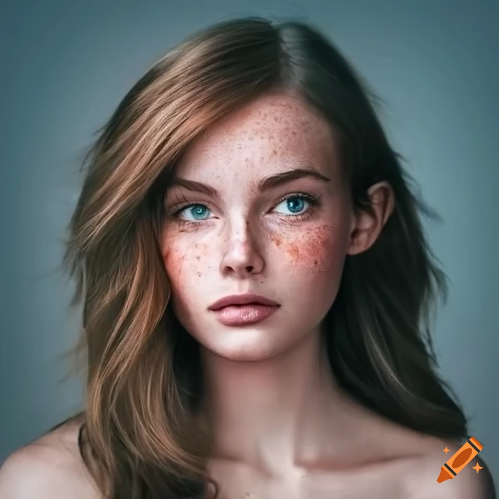 Beautiful young woman shoulder-length hair very light freckles