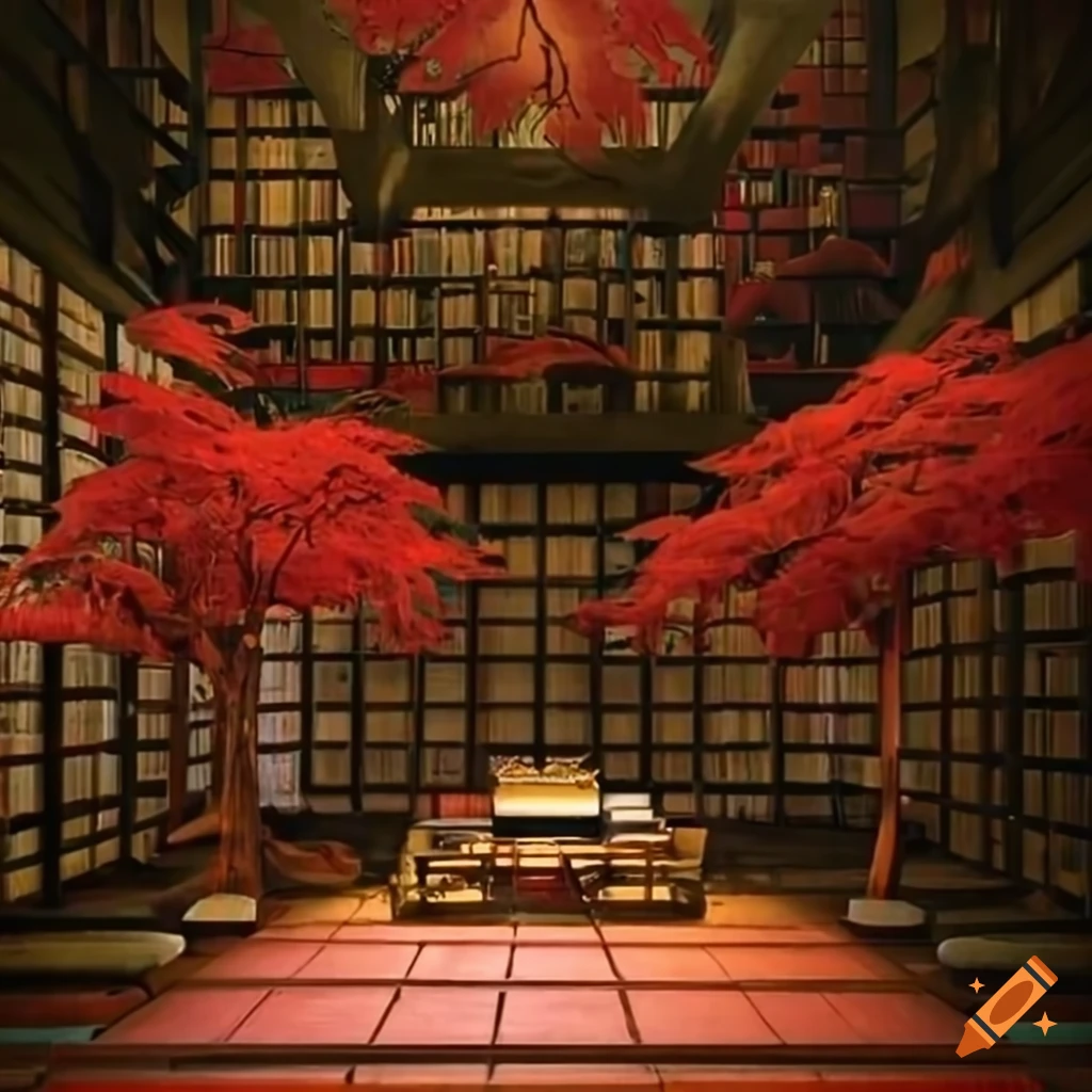 Cluttered old shelved library in an ancient japanese tatami room with ...