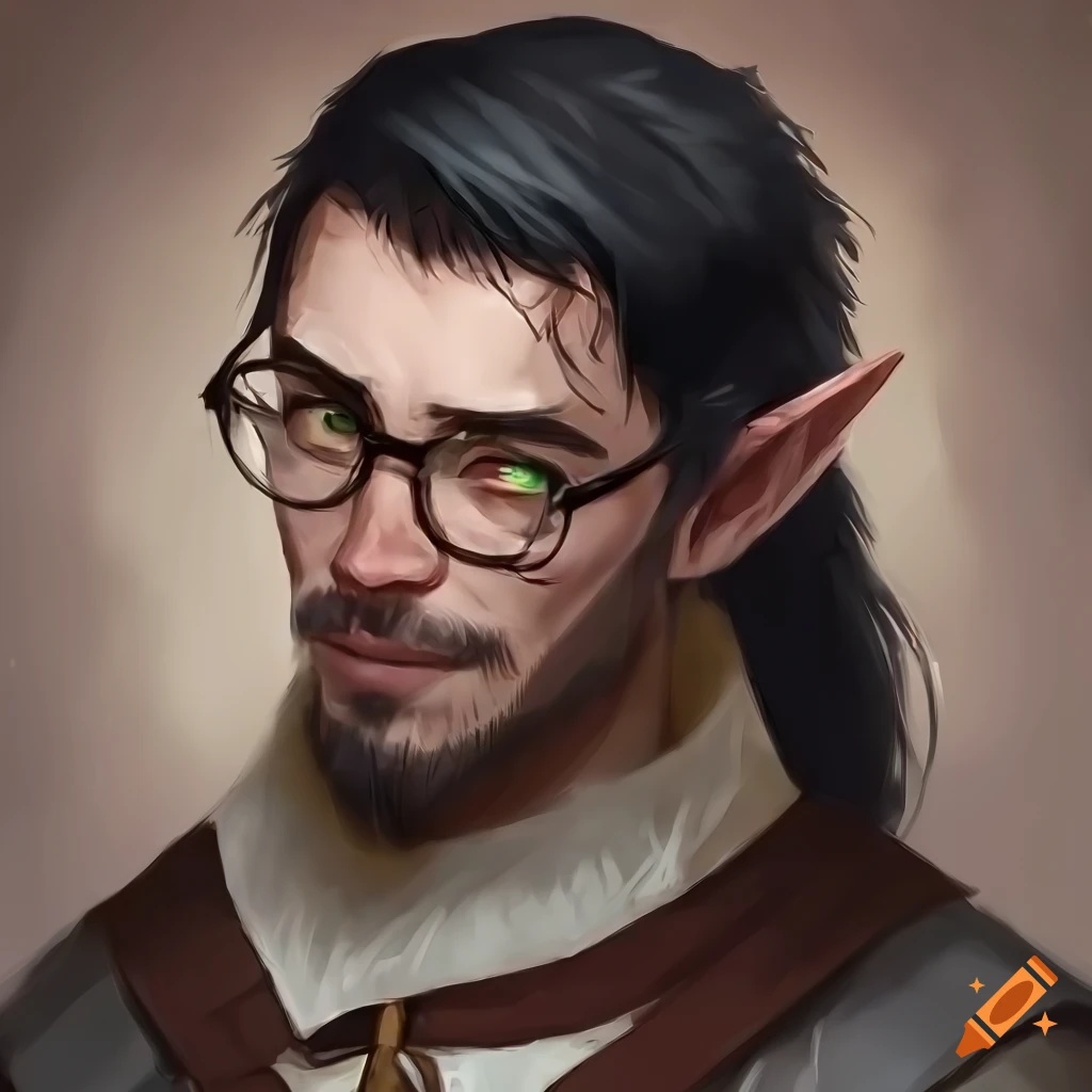 Dnd male merchant, long face, glasses, young, black hair, undercut ...
