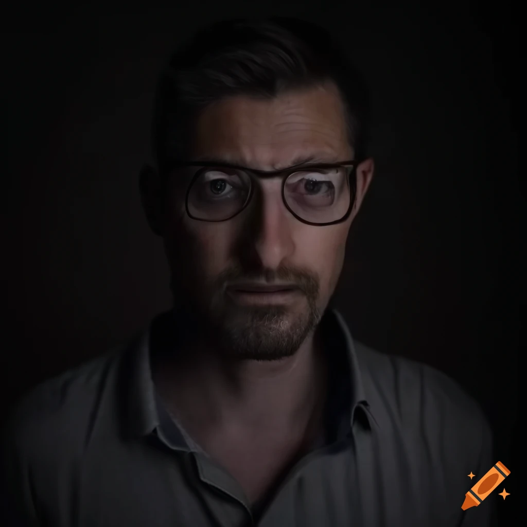 Portrait of a nerdy guy age 45 in shadow and dark, partially lit on Craiyon