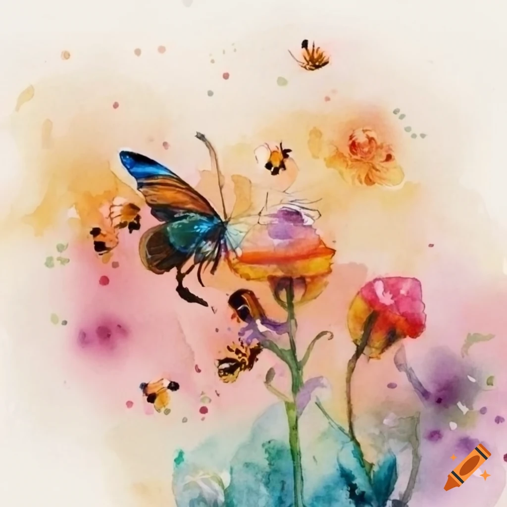 Floral garden serene bees and butterflies watercolour