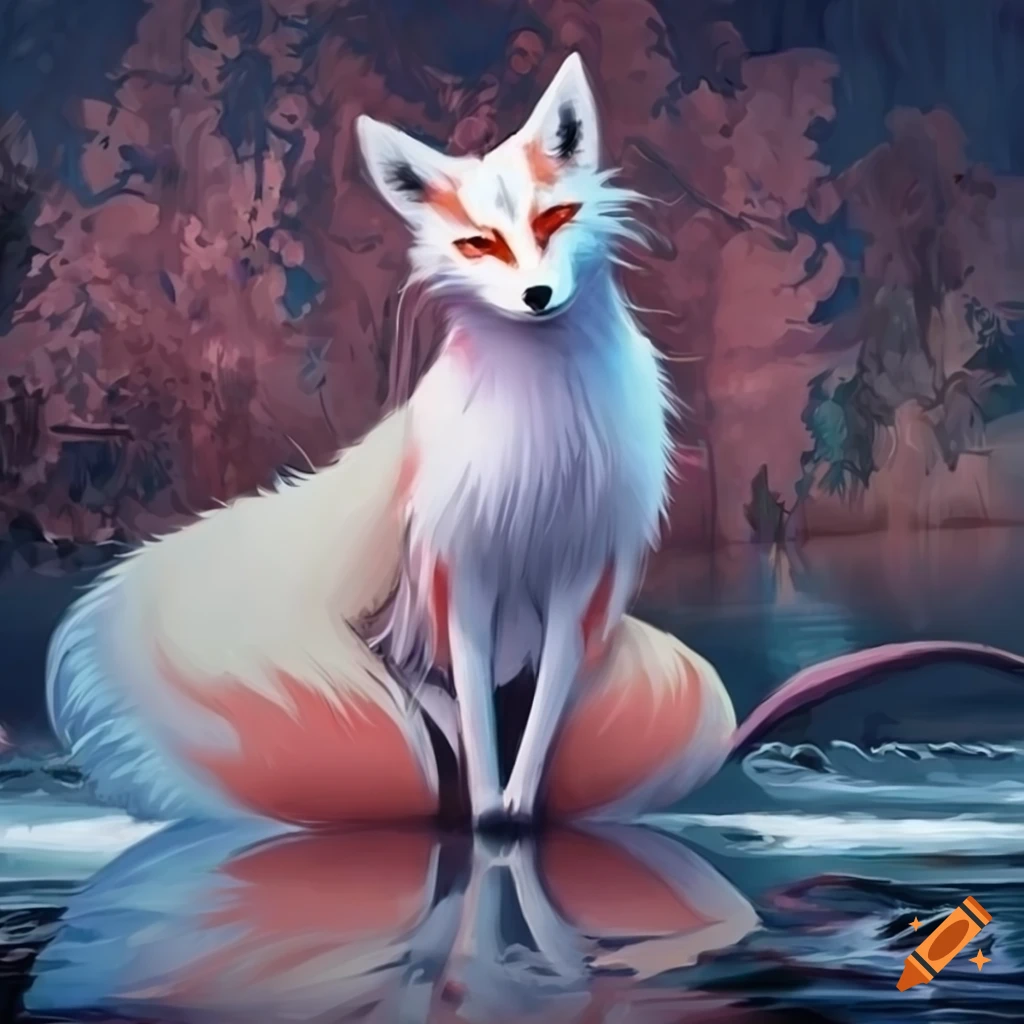 Kitsune on a river looking at the other side of the same river on Craiyon